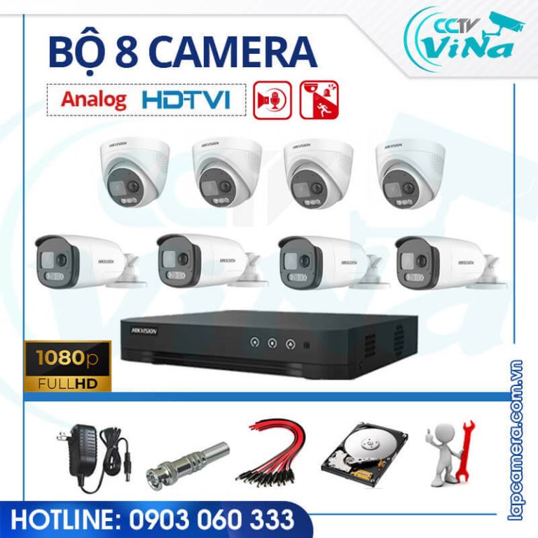 Bộ 8 camera Còi đèn báo động/Đàm thoại 2 chiều/có màu 24/7